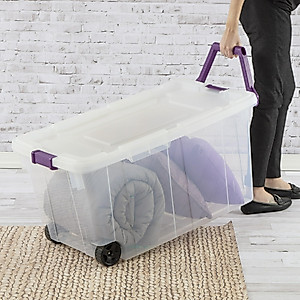 160 Qt. Wheeled Storage Box Plastic, Sweet Plum, Set of 2