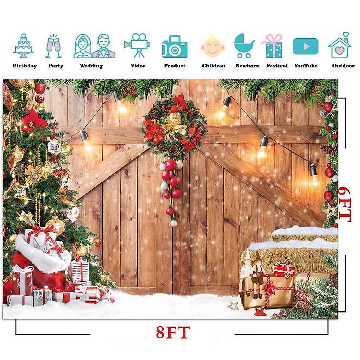 CYLYH 8x6FT Christmas Backdrop for Photography Winter Christmas Rustic Barn Wood Door Photography Backdrop Xmas Tree Snow Gifts Decor Background Banner for Family Holiday Party Supplies D554
