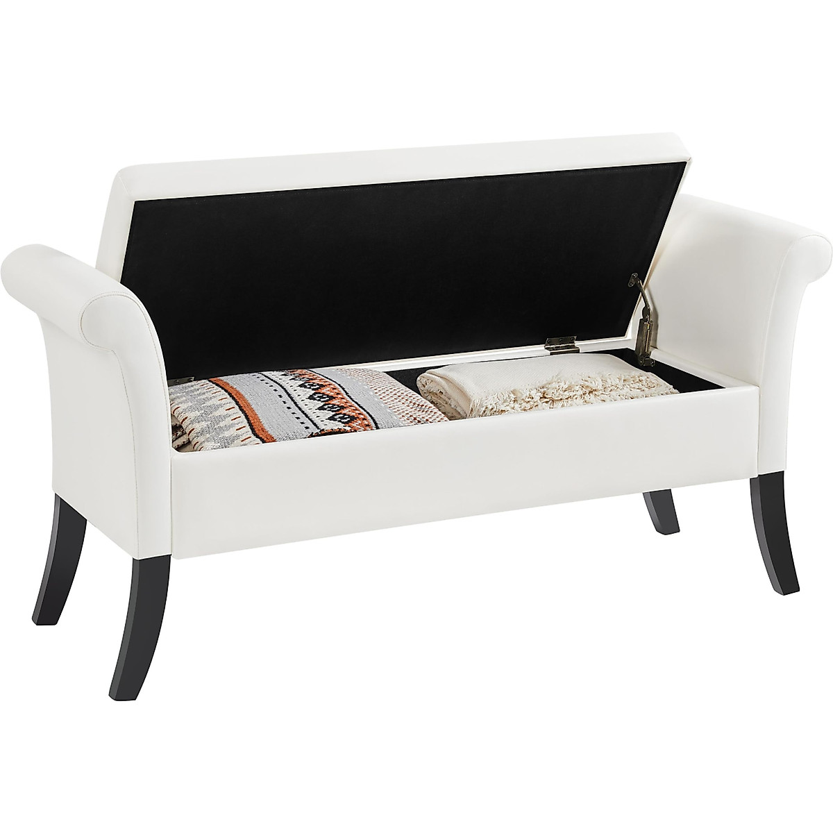 Yaheetech 52in Ottoman Bench Folding Storage Ottoman Bench Tufted Faux Leather Entryway Bench with Arms Footstool with Large Storage Foot Rest Seat Rolled Arms Cushioned Ottoman White