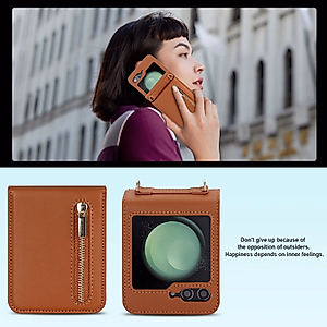 XIMAND for Samsung Galaxy Z Flip 5 Luxury Zipper Wallet Phone Case, Multi-Function Kickstand Card Holder Adjustable Crossbody Strap, Fashion Flip Case.(Brown)