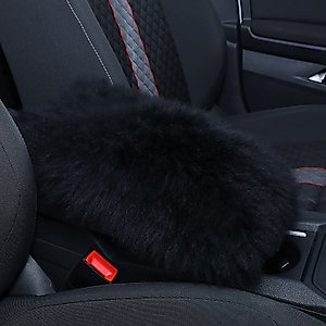 Frienda Furry Armrest Cover Auto Center Armrest Cover Car Soft Console Pad, Real Sheepskin Wool Soft Fluffy Auto Center Console Cover for Most Car Decoration Protector (Black)