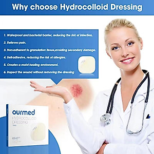 Ourmed Hydrocolloid Bandages Large 4" x 4", Extra Thin Waterproof Wound Dressing with Adhesive for Light Exudate Wound, Blister, Acne, Superficial Wound Care, 0.5mm, 10 Pack, FSA HSA Eligible