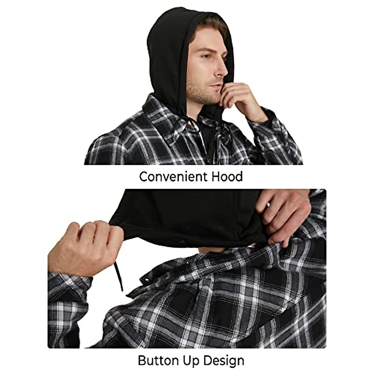 WenVen Men's Thicken Insulated Plaid Flannel Quilted Shirt Jacket, Black, 2XL