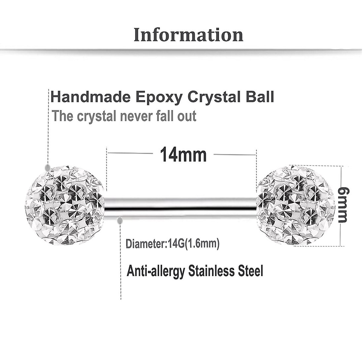 ZHIYAOR Never Fall out Crystal 14G Studs Nipple Rings Piercing Barbell Anti-allergy Surgical Steel Pairs (White)