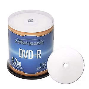 Optical Quantum DVD-R 4.7GB 16X White Inkjet Hub Printable Blank Discs - 100 Pack Cake Box (FFP), 100 Discs Blank DVD-R Discs, DVD Discs Blank, Printable DVD-R Discs