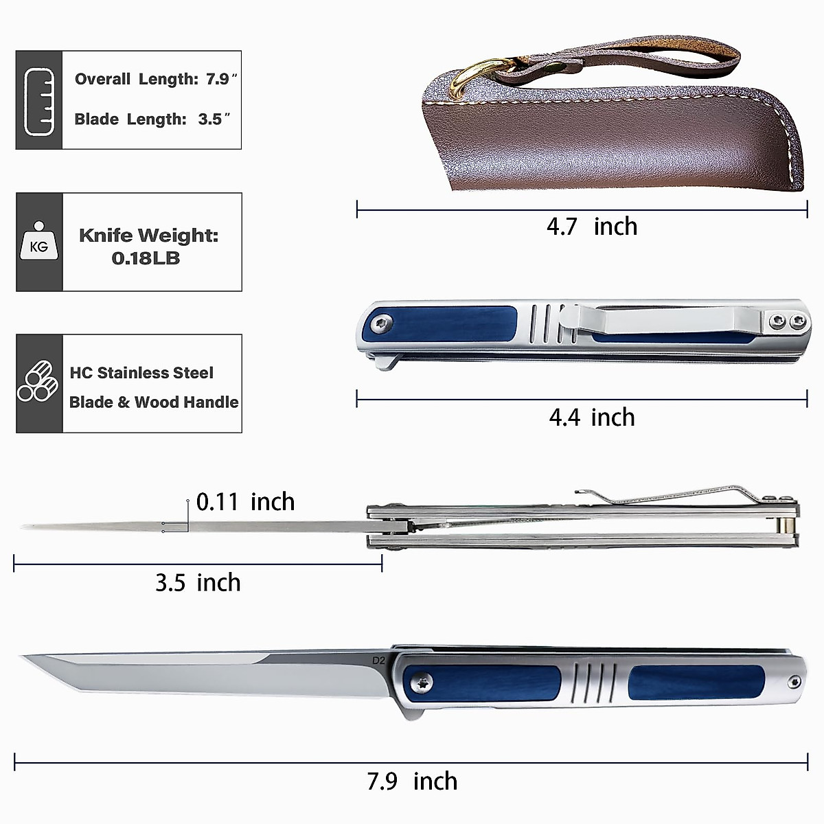 ohmonlyhoo Pocket Knife, 3.5 inch Folding Knife with Pocket Clip and Leather Sheath,Bluewood Handle Tanto Knife, For Men and Women