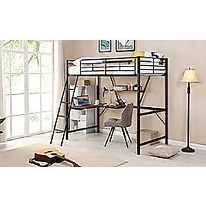 Metal Loft Bed with L-Shaped Desk and Shelf, Black