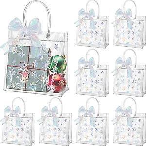 Henoyso 24 Pcs Snowflake Clear Gift Bags Winter Frozen Party Favors Bags Christmas Plastic Candy Goodie Treat Bags with Handles and Ribbon 7.8 x 7.8 x 3.1 PVC Gift Wrap Tote(Laser Silver)