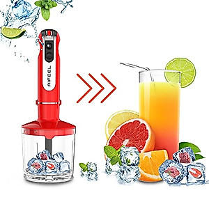Immersion Hand Blender, Aifeel 5-in-1 Stick Blenderice blade,with Ice Crusher 500ml Food Grinder/Chopper, 600ml Container,Milk Frother,Egg Whisk,Puree Infant Food, Smoothies, Sauces and Soups(red)