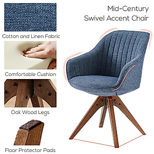 Art Leon Desk Chair - Mid Century Modern Office Chair No Wheels, Swivel Accent Chair with Oak Wood Legs, Fabric Upholstered Arm Chair, Blue