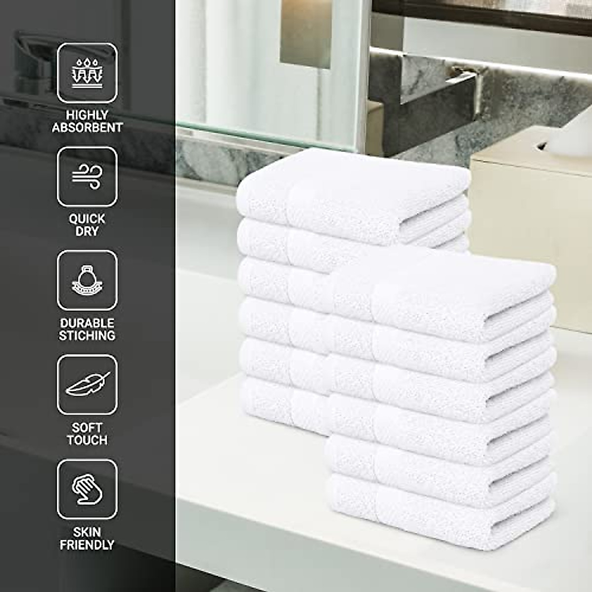 Infinitee Xclusives [12 Pack Premium White Wash Cloths and Face Towels, [13x13] 100% Cotton, Soft and Absorbent Washcloths Set - Perfect for Bathroom, Gym, and Spa