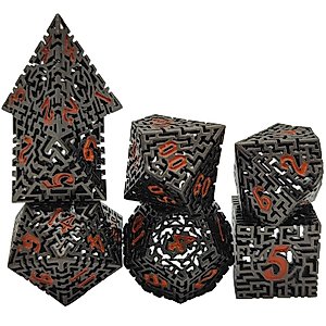 DND Metal Hollow Dice 7 Piece Set - (Free Metal Box) Maze Polyhedron Dice Suitable for Board Game RPG Math Teaching Warhammer MTG Game Dice （Pearl Gun）