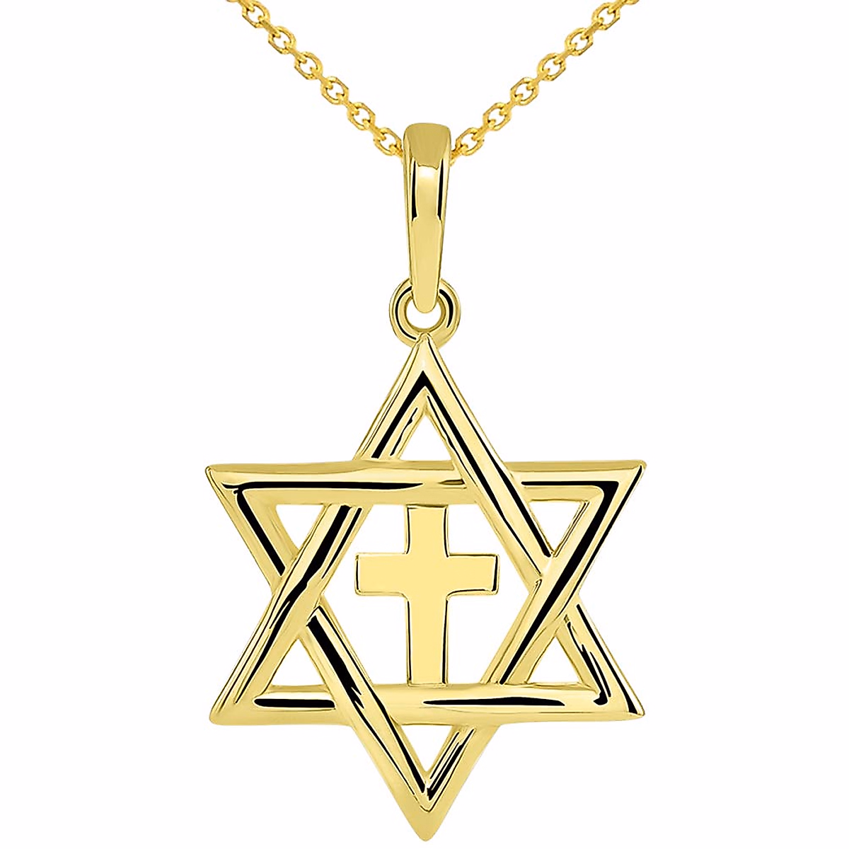 Jewelry America 14k Yellow Gold Jewish Star of David with Religious Cross Judeo Christian Pendant Necklace, 22"