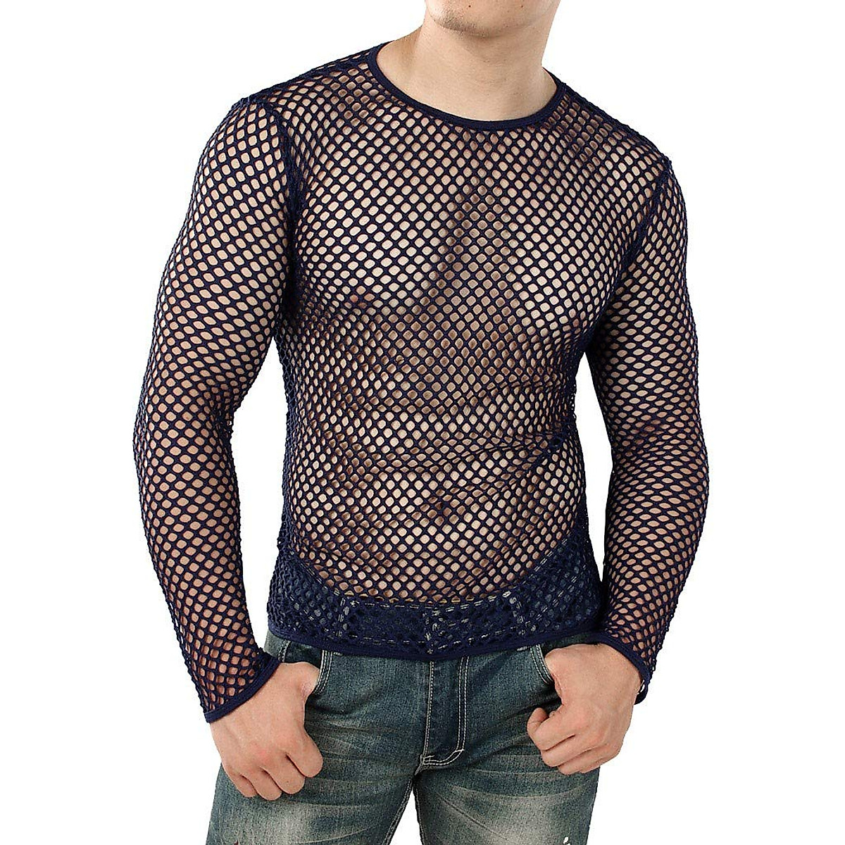 VOWUA Men's Mesh See Through Fishnet Shirts Muscle Pullover Long Sleeves Crew Neck Casual Clubwear Blouse Navy