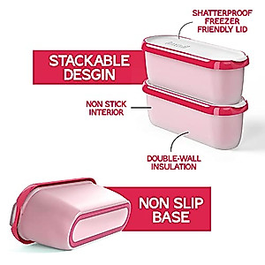 Ice Cream containers for homemade ice cream, Reusable Storage Freezer ice cream Container With Lids,2 Pack, BPA FREE, Dishwasher Safe Tub. Double Insulated, 1.5 Quart, Red and Burgundy , Non Slip Base, Stackable on Freezer Shelves.