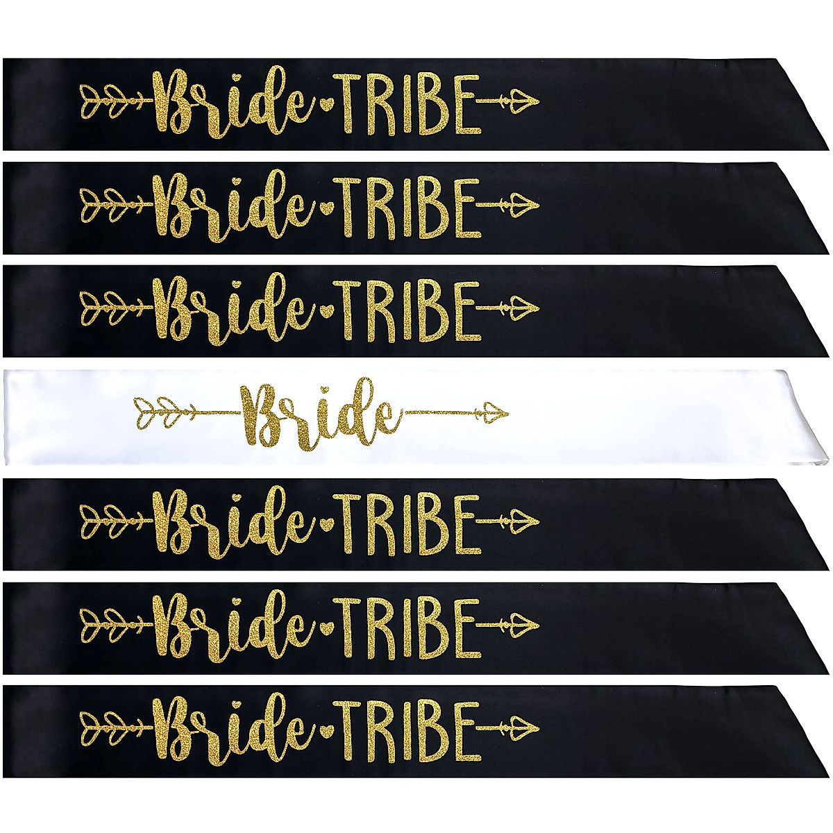 Bride Tribe 7pc or 10pc Satin Sash Set - Sophisticated & Fun Party Favors for Bachelorette Party, Bridal Shower & Wedding Party (Black & Gold, 7pc Set)