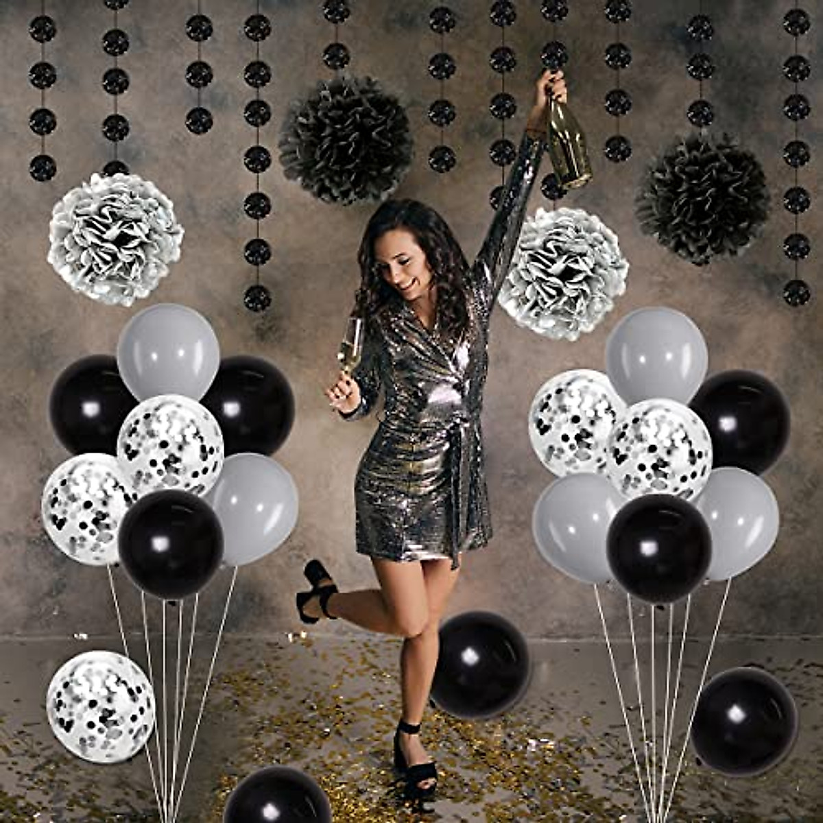 Funeral Birthday Party Decorations, Black Gothic Birthday Decorations - Old English Happy Birthday Glitter Banner, Cake Topper, Tissue Pom Poms, Black Circle Dot Garland and Balloons for Men and Women