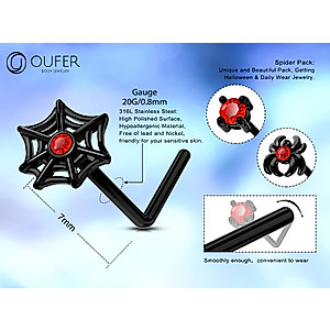 OUFER 20G Nose Ring Studs, 316L Stainless Steel L-Shaped Nose Rings, Spider L Bend Nose Screws, Nose Piercing Jewelry For Women Men