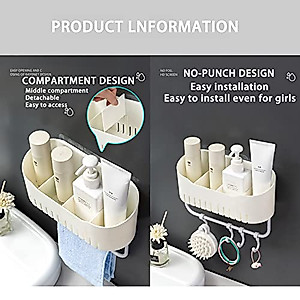 Bathroom Shower Basket Wall Mounted Shower Caddy Shelf with Hooks, No Drilling Removable Bathroom Shelf Organizer for Shampoo, Body Wash, Conditioner, Plastic Shower Rack for Kitchen & Bathroom