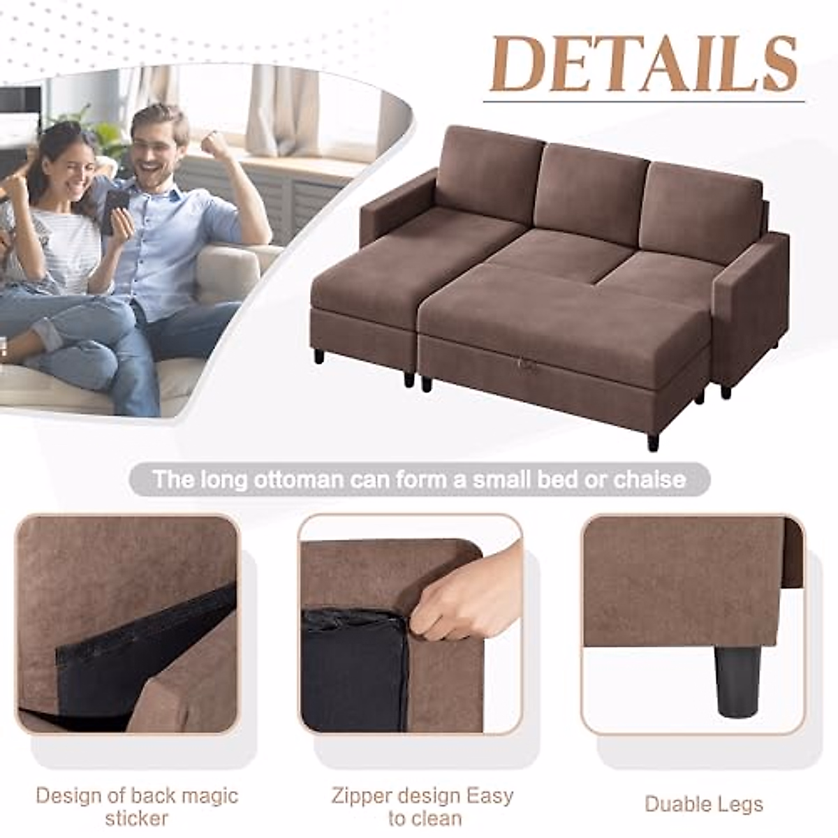 JAMFLY 79'' Sectional Sofa Couch with Storage Ottoman, Living Room Furniture Set Small Deep Convertible Sofa, L-Shaped Couch Wide Reversible Chaise with Linen Fabric (Brown)