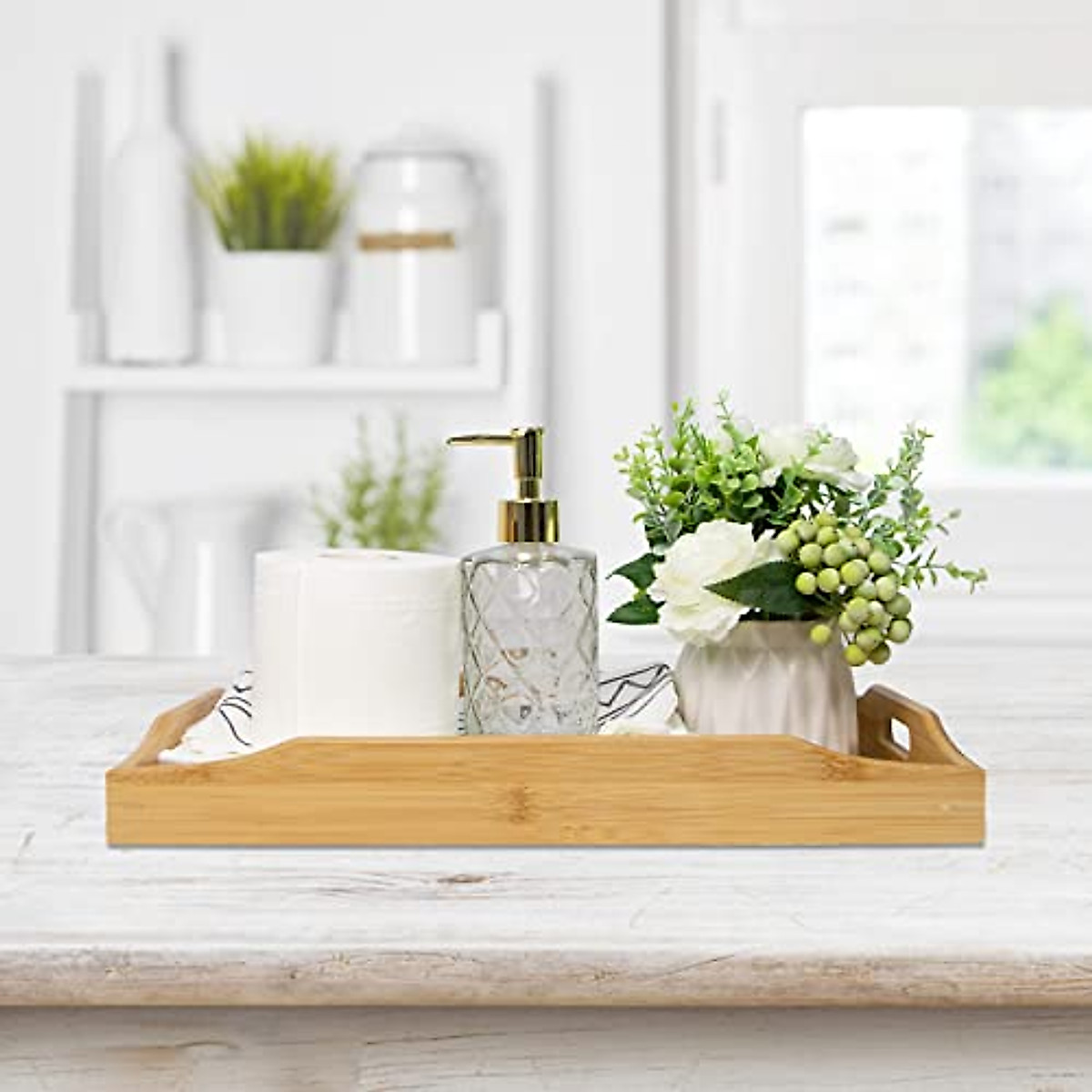 Bamboo Tray with Handle Rectangular Dinner Plate, Wooden Breakfast Tray Coffee Table Tray Suitable for Eating