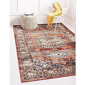 Unique Loom Utopia Collection Traditional Geometric Vintage Inspired Area Rug with Warm Hues, 8' x 10', Terracotta/Blue