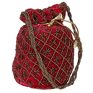 Suman Handicraft oIndian Potli Bag for Wedding, Designer Bridal Clutch/Jewelry Pouch/Worship Potli Bag for Girls & Women (Pink)