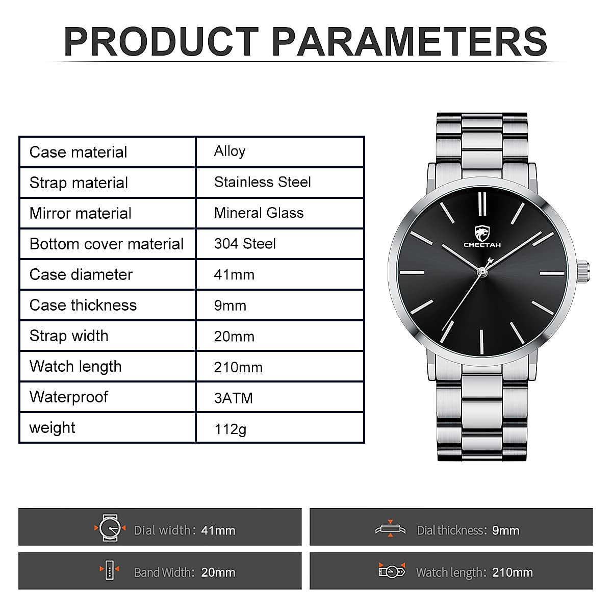 GOLDEN HOUR Men's Watches Slim Minimalist Runway Silver Stainless Steel Quartz Analog Watch with Black Face