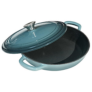 Flavehc Braiser Enameled Cast Iron Braiser 2.25 qt Braiser Pan with Lid Slateblue Shallow Cast Iron Casserole Braiser Pan with Handels