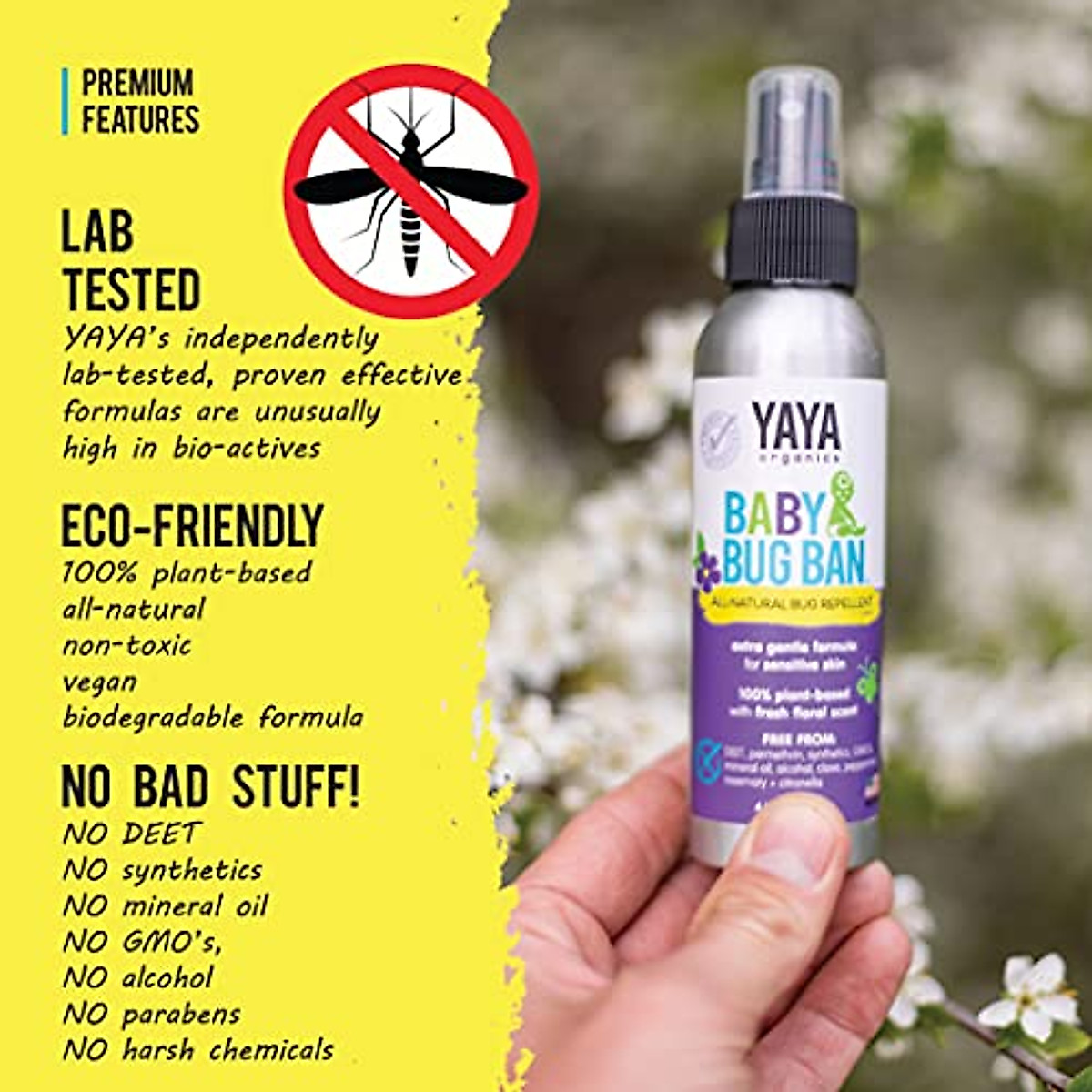 YAYA ORGANICS Baby Bug BAN – All-Natural, Proven Effective Repellent for Babies, Kids and Sensitive Skin (4 Ounce Spray, 2-Pack)