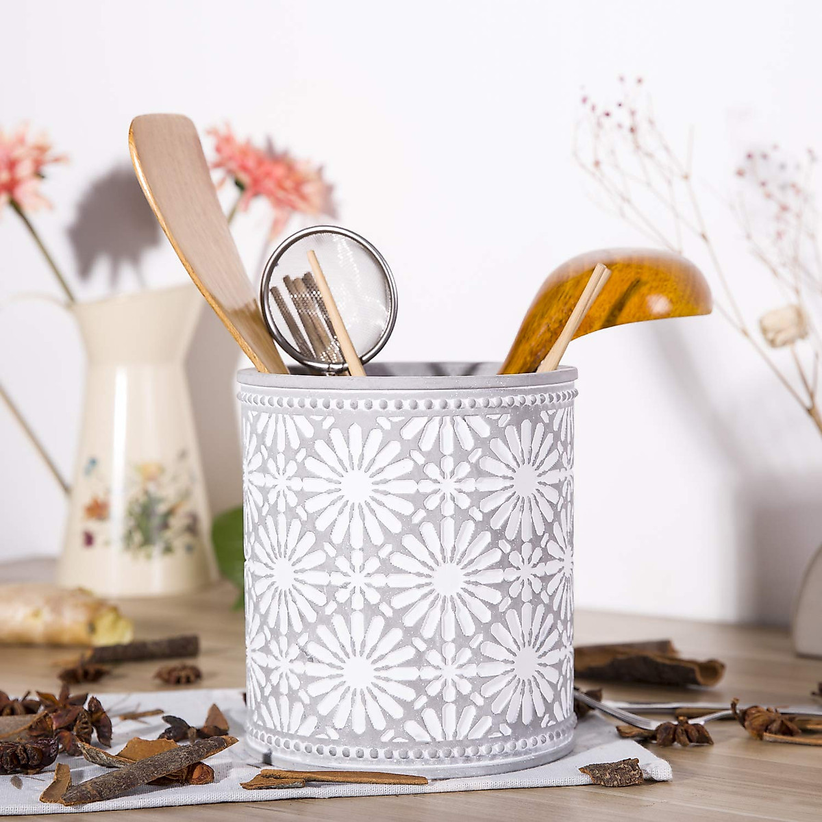 Farmhouse Kitchen Cooking Utensil Holders | Fine Embossed Cement Utensils Crock | Cement Utensil Container Kitchenware Flatware Organizer Decor Utensils Caddy (Flower Pattern)