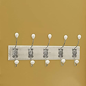 French Country House Wall Rack, 5 Hooks, Shabby Distressed Finish, Rustic White, Weathered Gray Wood, Vintage Inspired, Porcelain Caps, 22.75 L x 4.75 W x 8.25 H Inches