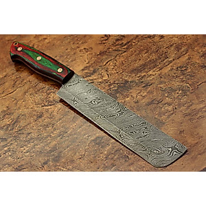 12.5" hand forged Damascus steel Nakiri knife, kitchen knife, vegetable knife, 2 tone Green & Maroon wood scale, Cow hide Leather sheath with belt loop