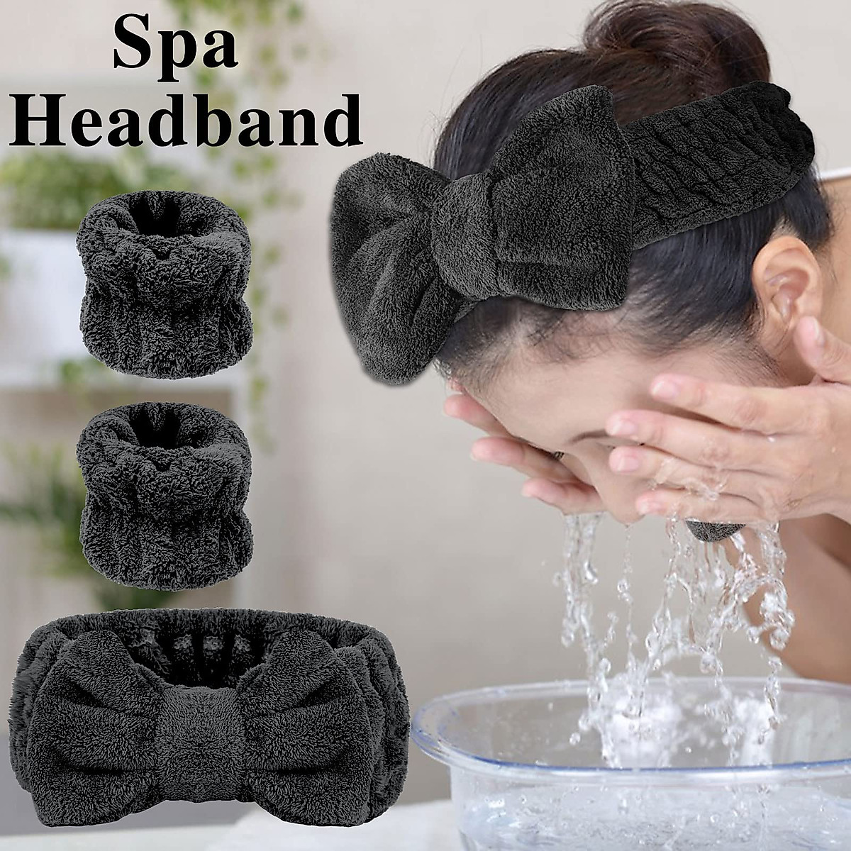 BESARME 3 Pieces Face Wash Headband and Wristband Set Spa Headband Makeup Skincare Headbands Hair Accessories for Women Wrist Towels Wrist Bands for Washing Face (Black)