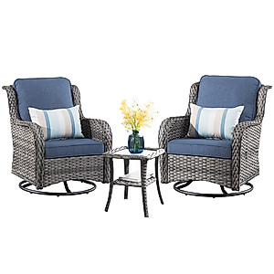 ovios 3 Pieces Patio Rocking Chairs with Side Table, Outdoor Wicker Swivel Chairs of 2, High Back Glider Chairs Rocker Set for Garden, Grey Rattan Denim Blue Cushions