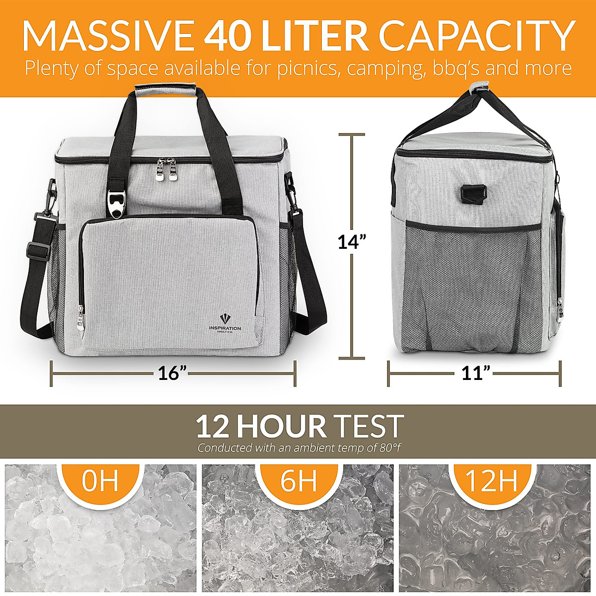 Large Soft Sided Cooler Bag - Portable, Collapsable, Insulated, and Leak Proof - 60 Can 40L Capacity Ice Chest - Great Coolers for Travel, Camping, Picnics, Tailgate, Beach, Boats, or Cars