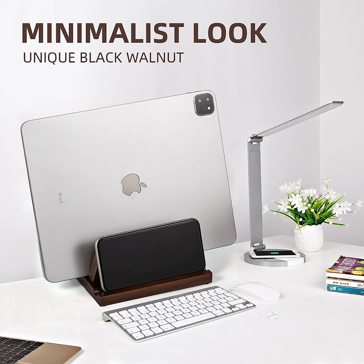 Vertical Laptop Stand Wood, Wooden Adjustable Laptop Holder, Walnut, 2 Slot, Double, Upright Laptop Holder for Desk, MacBook Stand, Laptop Dock, Desktop Organizer, Fits MacBook, Other Laptops, Phone