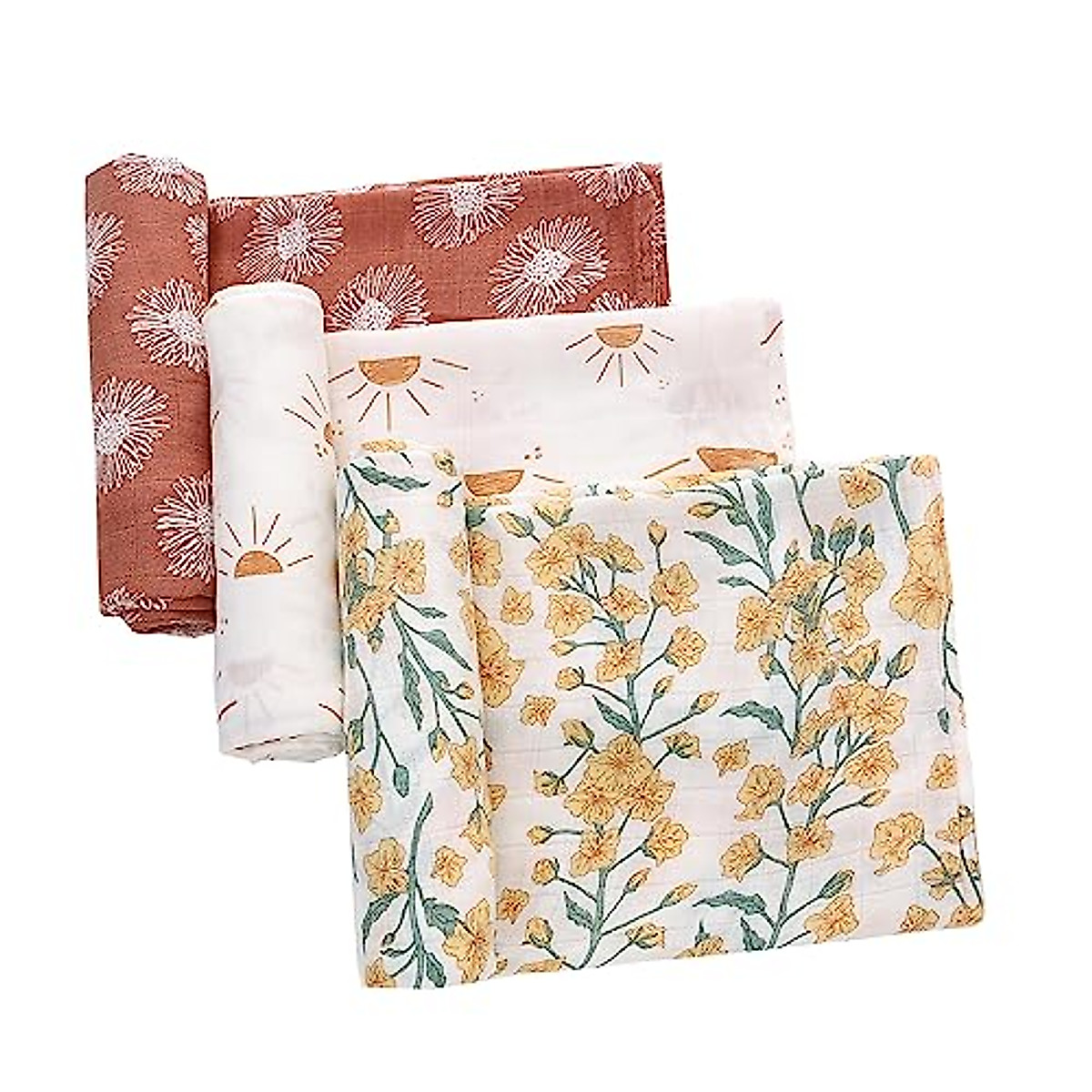 LAT 3 Pack Muslin Swaddle Blankets,Soft Bamboo Cotton Breathable Wraps for Baby,Large 43 x 59 inches,Unisex for Boys & Girls Newborn,Infant Shower and Wearable Swaddling Set(Sun Flowers)