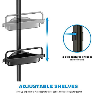 FRDECON Rustproof Shower Caddy Corner for Bathroom, 4-Tier Tension Pole Stainless Steel Shower Organizer, 56 to 117 Inch Adjustable Bathtub Shower Shelf Storage with 1 Tower Bar, Black