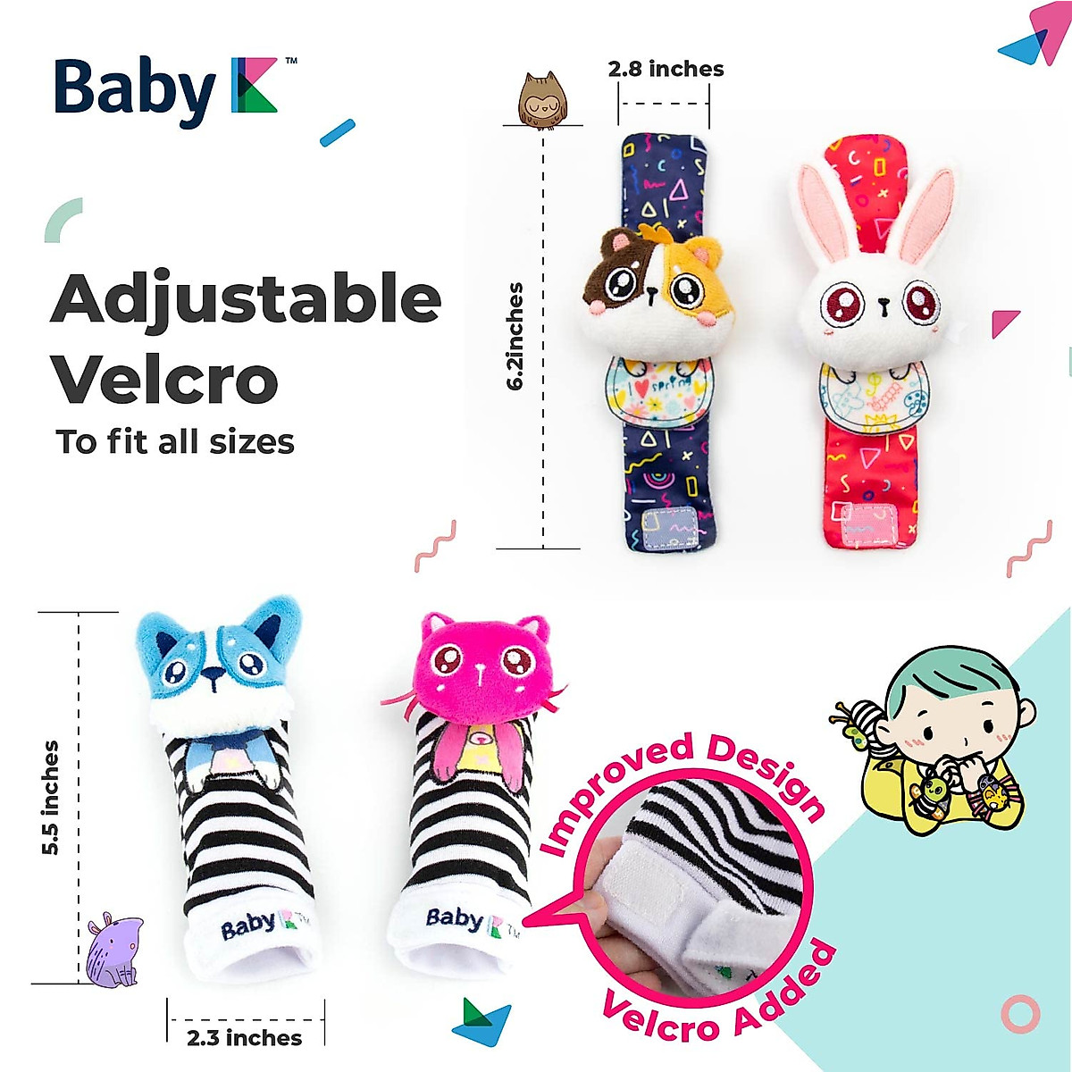 BABY K Baby Rattle Socks for Girls & Boys (Pet Set) - Baby Toys 6-12 Months - Baby Wrist Rattles and Foot Rattles - Baby Toys for Newborns As Gift - Easy to Wear Baby Rattle Toys