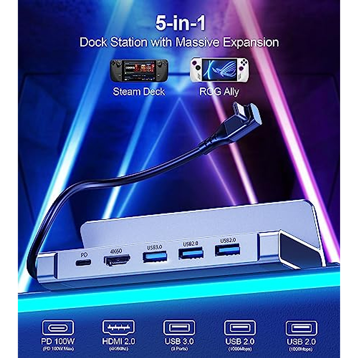 Docking Station for Steam Deck/ROG Ally, 5-in-1 Steam Deck Dock Stand with HDMI 2.0 4K@60Hz, 3 USB-A and 100W Full Speed Charging USB-C PD Port Compatible with Valve Stream Deck/ROG Alloy Accessories