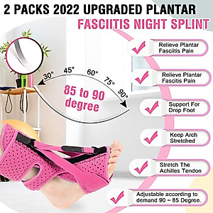 AZOJOY Plantar Fasciitis Night Splint: 2 Packs Upgrade 3 Adjustable Straps Plantar Fasciitis Relief Night Splint for Women & Men, Relief Brace Achilles Tendonitis and Foot Drop Heel Arch Pain Support(Pink-2pc)