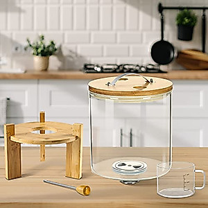 Vuinop Rice Dispenser, Rice Storage Container：Flour and Cereal Container with Airtight Lid and Wooden Stand, Glass Food Storge Container for Kitchen Organization and Pantry Store (5L)