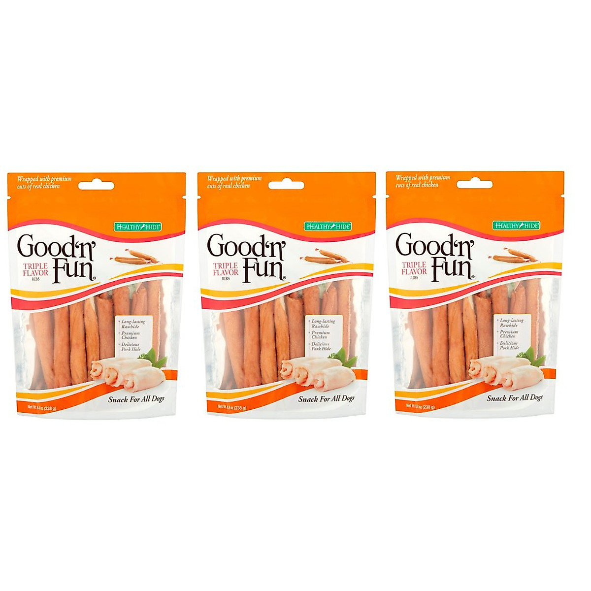 Healthy Hide Good 'n' Fun Triple Flavor Ribs - Rawhide, Chicken & Pork Hide 8.4 oz - Pack of 3