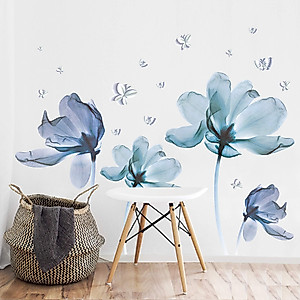 Gaint Creative Removable 3D Nusery Flower Wall Decals DIY Romantic Floral Wall Sticker Murals Flowers Art Decor for Kids Girls Teens Bedroom Office Living Room Home Wall Decoration (Light Blue)