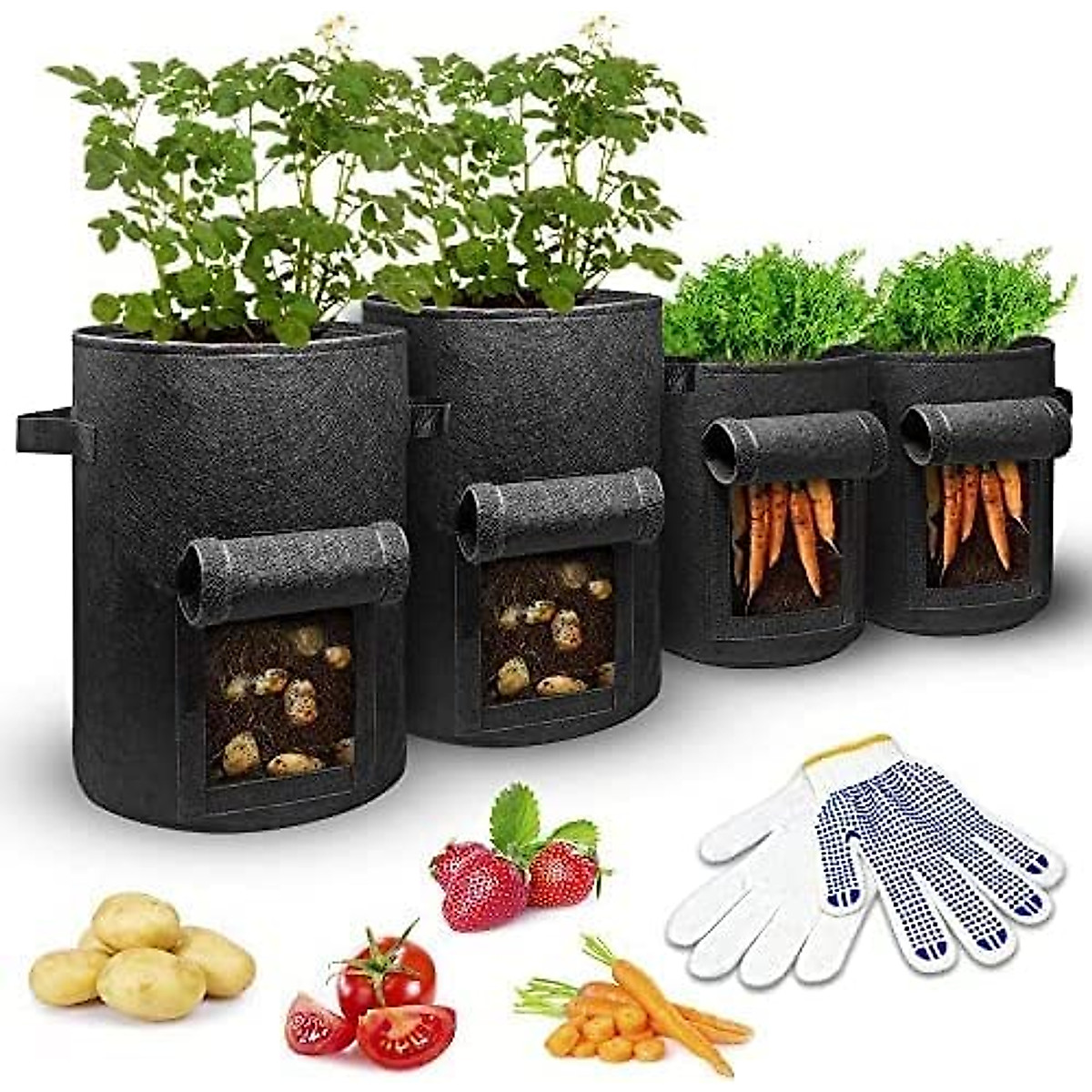 La Main Verte Potato Grow Bags with Flap - [ 4 Pack ] 10 & 7 Gallon Fabric Pots with Handles [ Bonus ] Garden Gloves