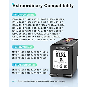 61XL Black Ink Cartridges Combo Pack High Yield Replacement for HP Ink 61 XL for Envy 4500 4501 5530 4502 5534 5535 for OfficeJet 4630 4635 for DeskJet 1000 1010 1055 1510 3050 3510 Printer (2 Black)