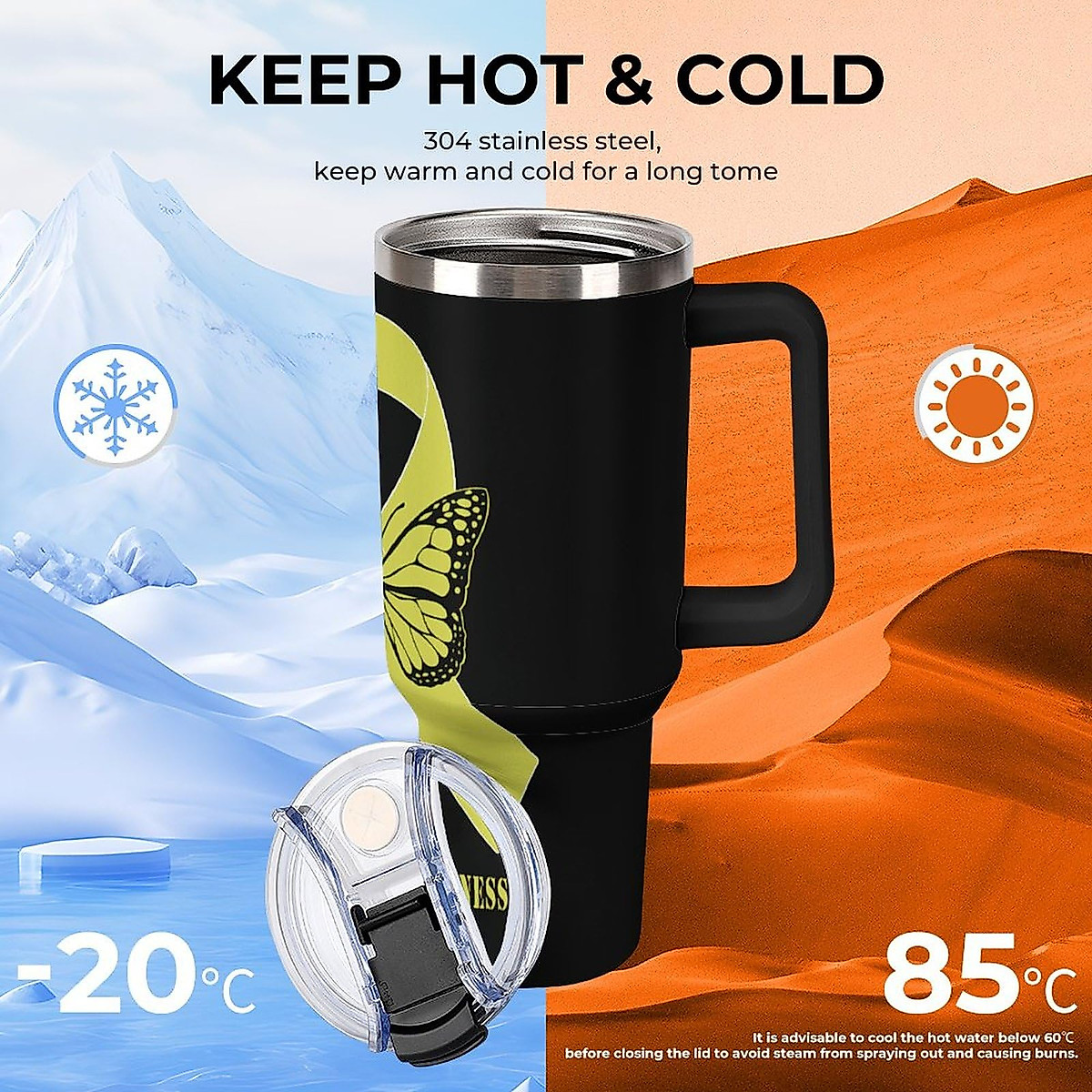 Sarcoma Cancer Awareness 40 Oz Tumbler with Handle And Straw Lid,Insulated Reusable Stainless Steel Travel Glass Mug 40 Ounces