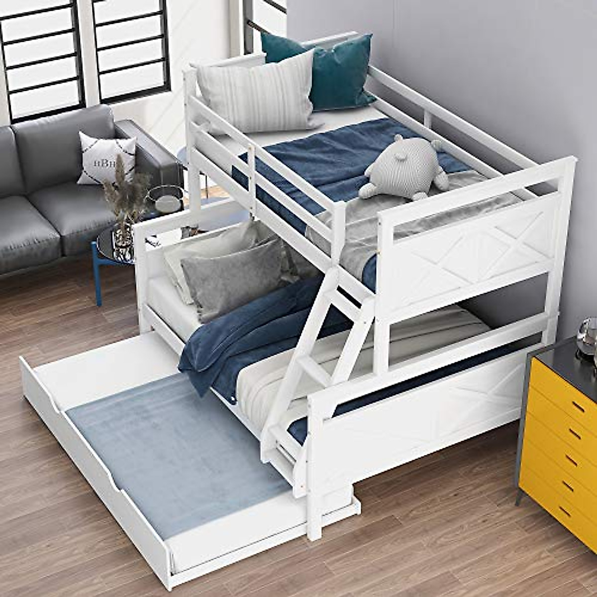 DEYOBED Twin Over Full Wooden Bunk Bed with Trundle Converted into 2 Beds for Kids Teens