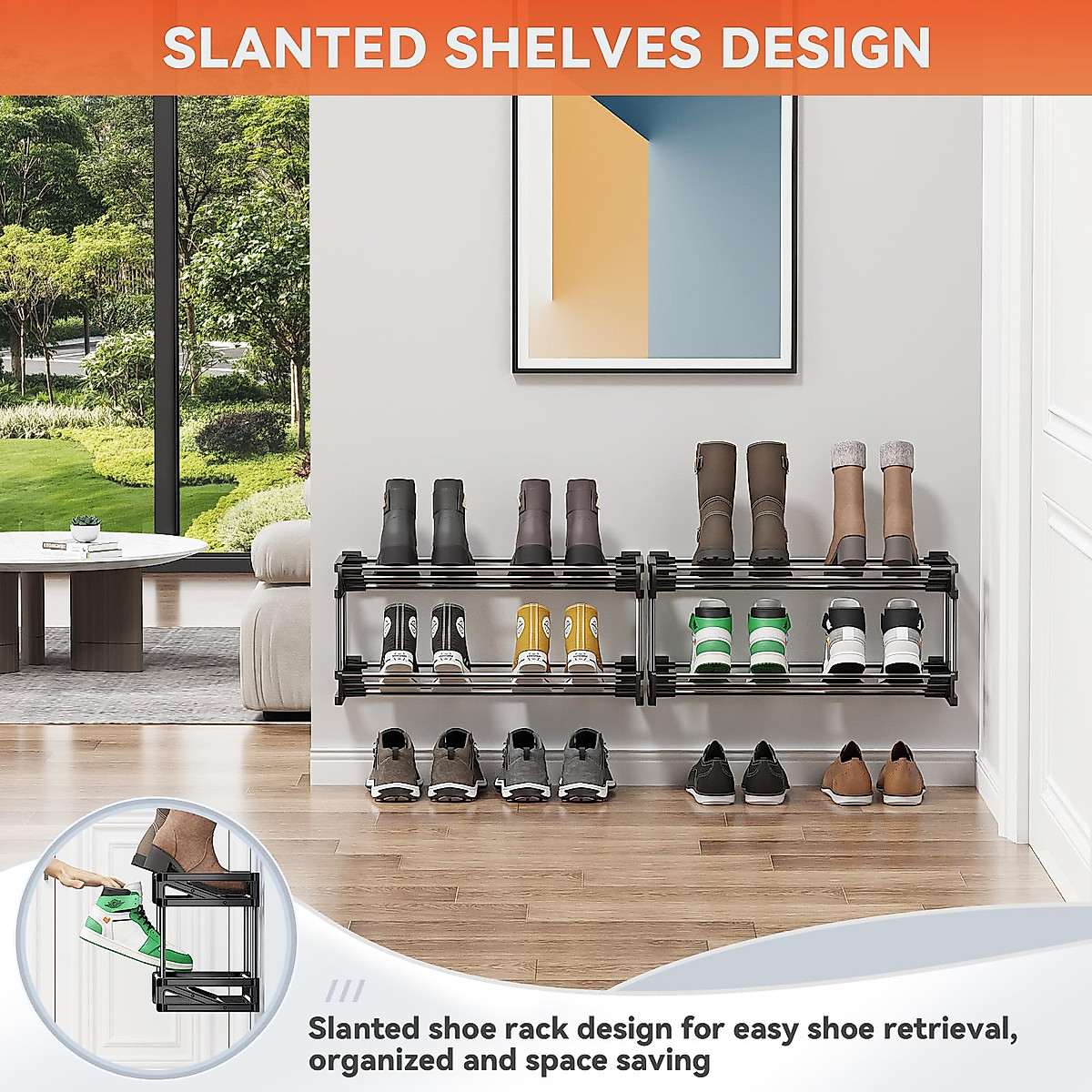 DEYILIAN Small Shoe Rack, 2 Tier Narrow Shoe Rack with Hook and Loop Sticky Adhesive Strips Wall Mounted Shoe Rack, Slim Shoe Rack Space Saving Design Behind the Door Wall Shoe Organizer for RV Closet